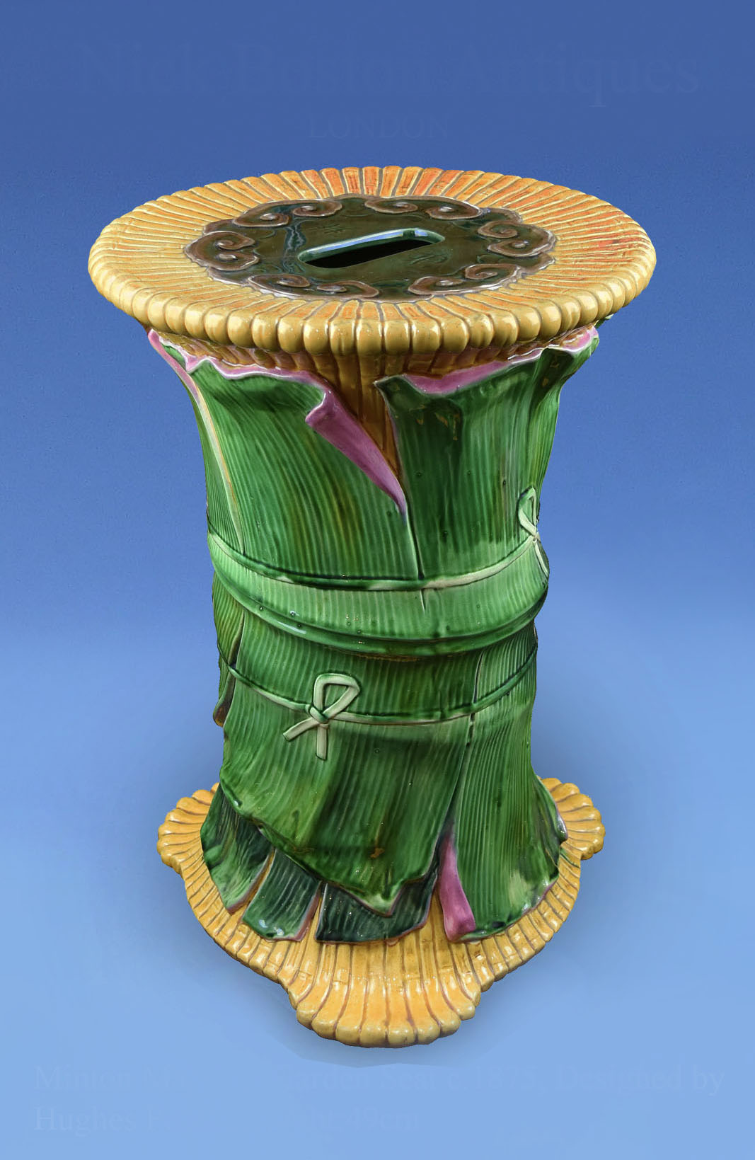 Minton Majolica Banana Leaf Garden Seat c.1875 Designed by Hughes Prot ...